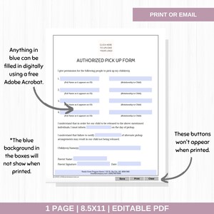 Daycare Authorized Pick up Form, Child Pick-up Authorization, Editable ...