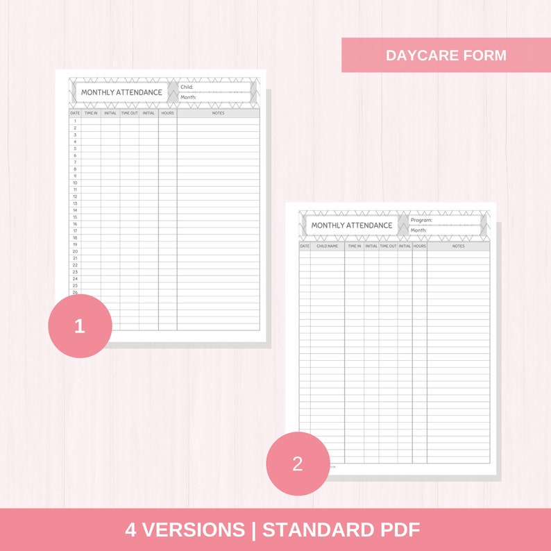 Monthly Attendance Sheets, Parent Sign in Sign Out Form, Daycare ...