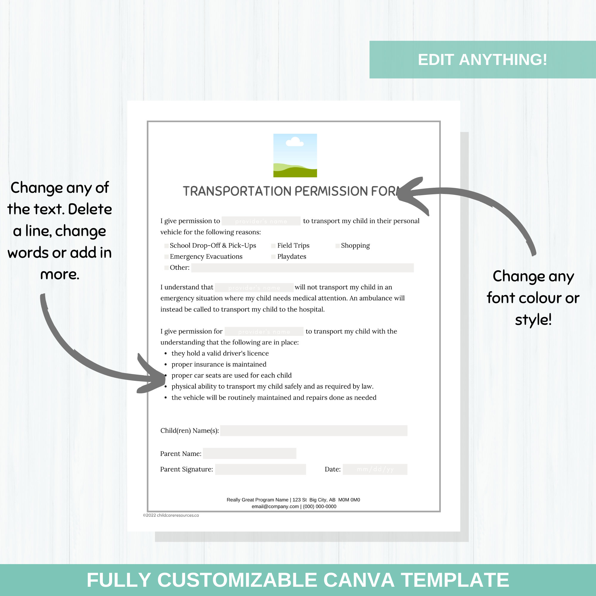 Transportation Permission Agreement Form, Canva Template, Fully ...