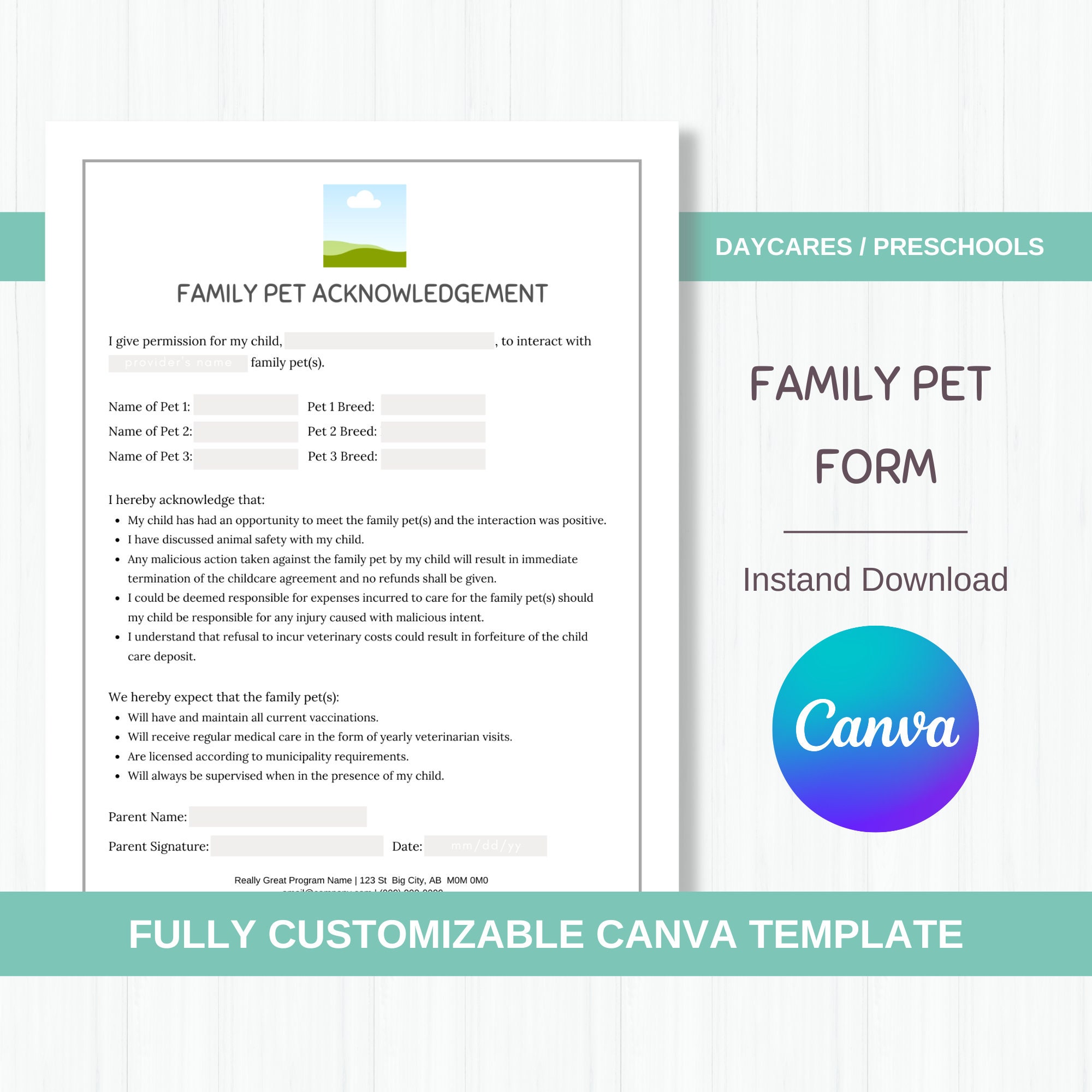 Family Pet Acknowledgement Form | Fully Customizable Canva Template ...