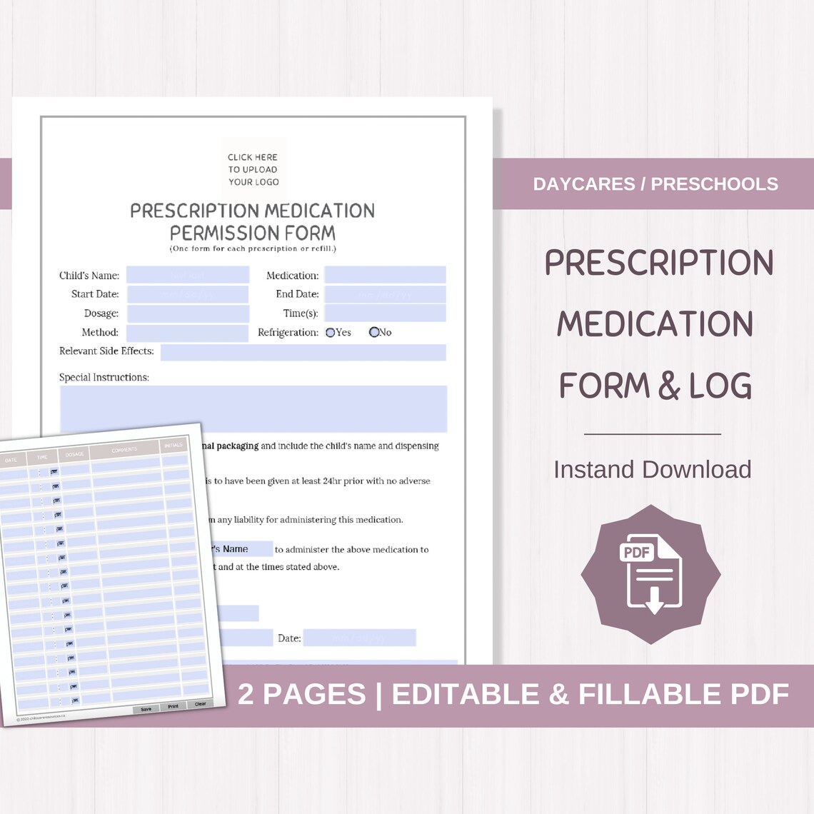 Daycare Medication Permission Form | Prescription Medication Log ...