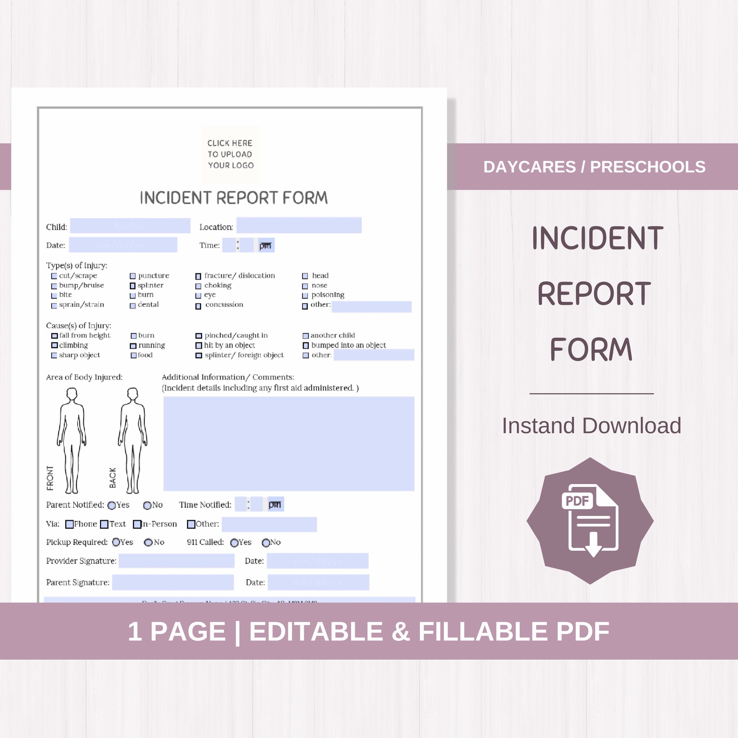 Daycare Incident Accident Report Form, Ouch Report, Family Home Daycare ...
