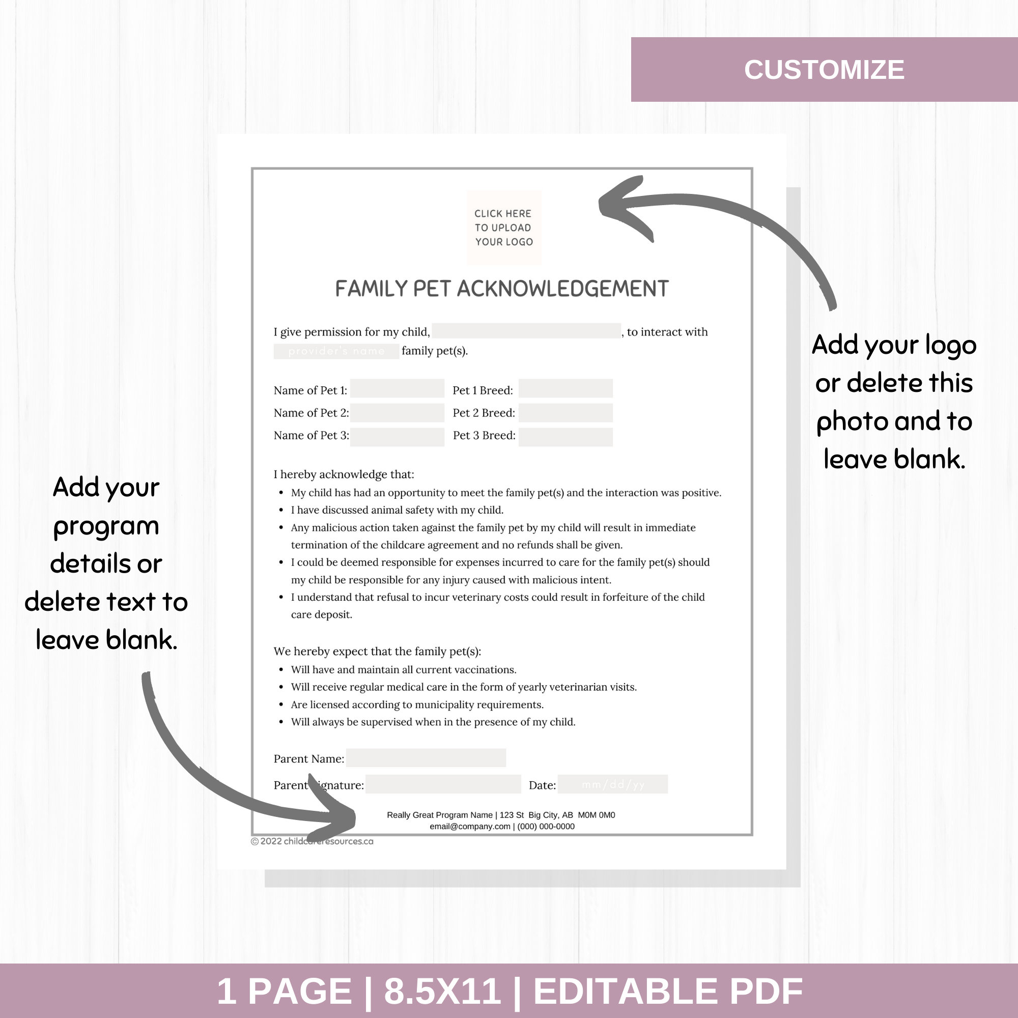 Family Pet Acknowledgement Form, Friendly Pet Waiver, Child Safety ...