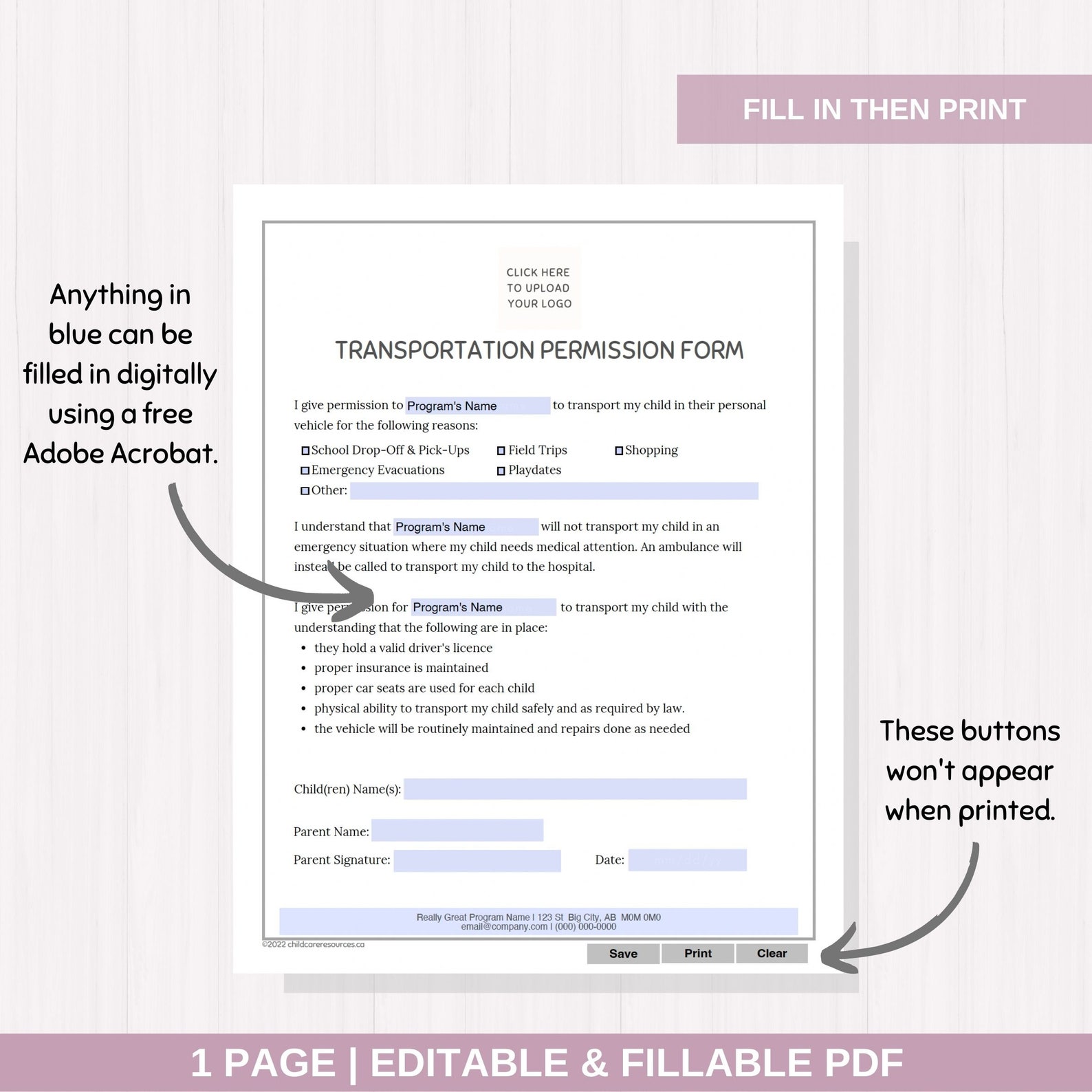 Daycare Transportation Permission Form, Agreement Slip, Family Home ...