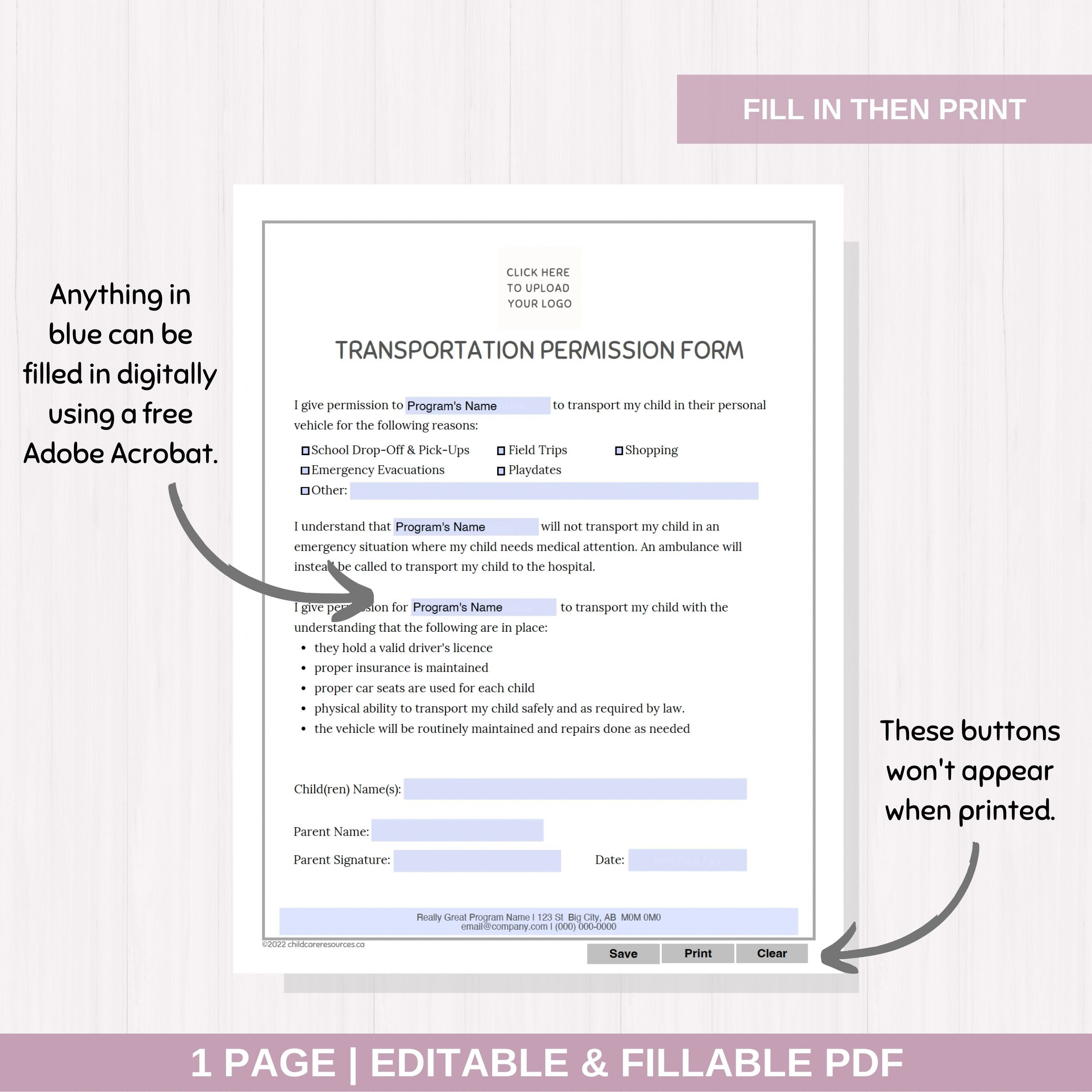 Daycare Transportation Permission Form, Agreement Slip, Family Home ...