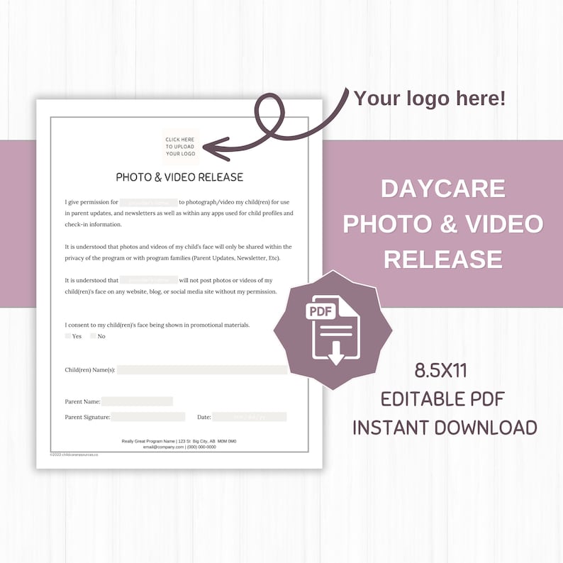 Daycare Child Photo Release Form, Video Release Form, Home Daycare ...