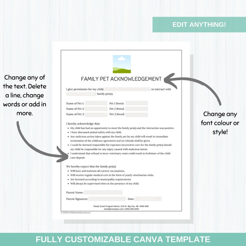 Family Pet Acknowledgement Form | Fully Customizable Canva Template ...