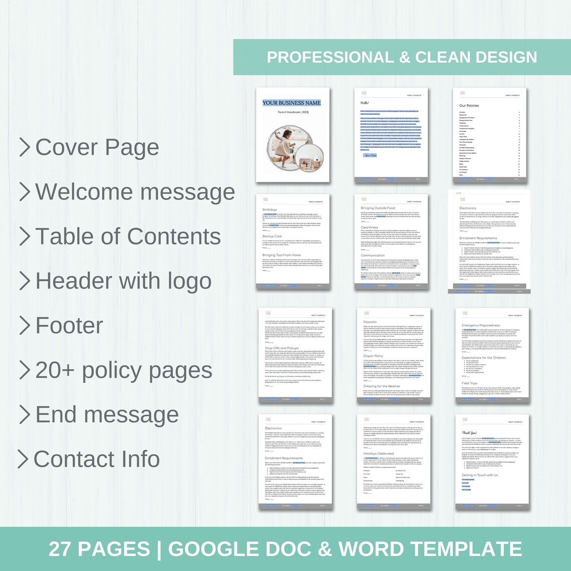 Printable Daycare Policy Template | Editable Parent Handbook Childcare ...