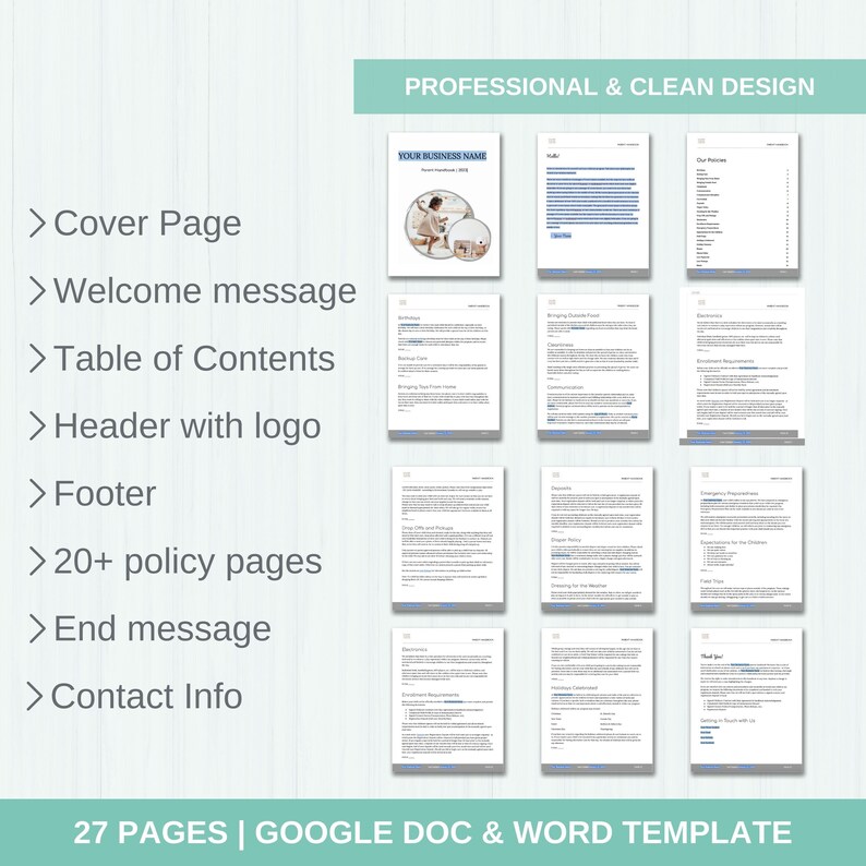 Printable Daycare Policy Template | Editable Parent Handbook Childcare ...