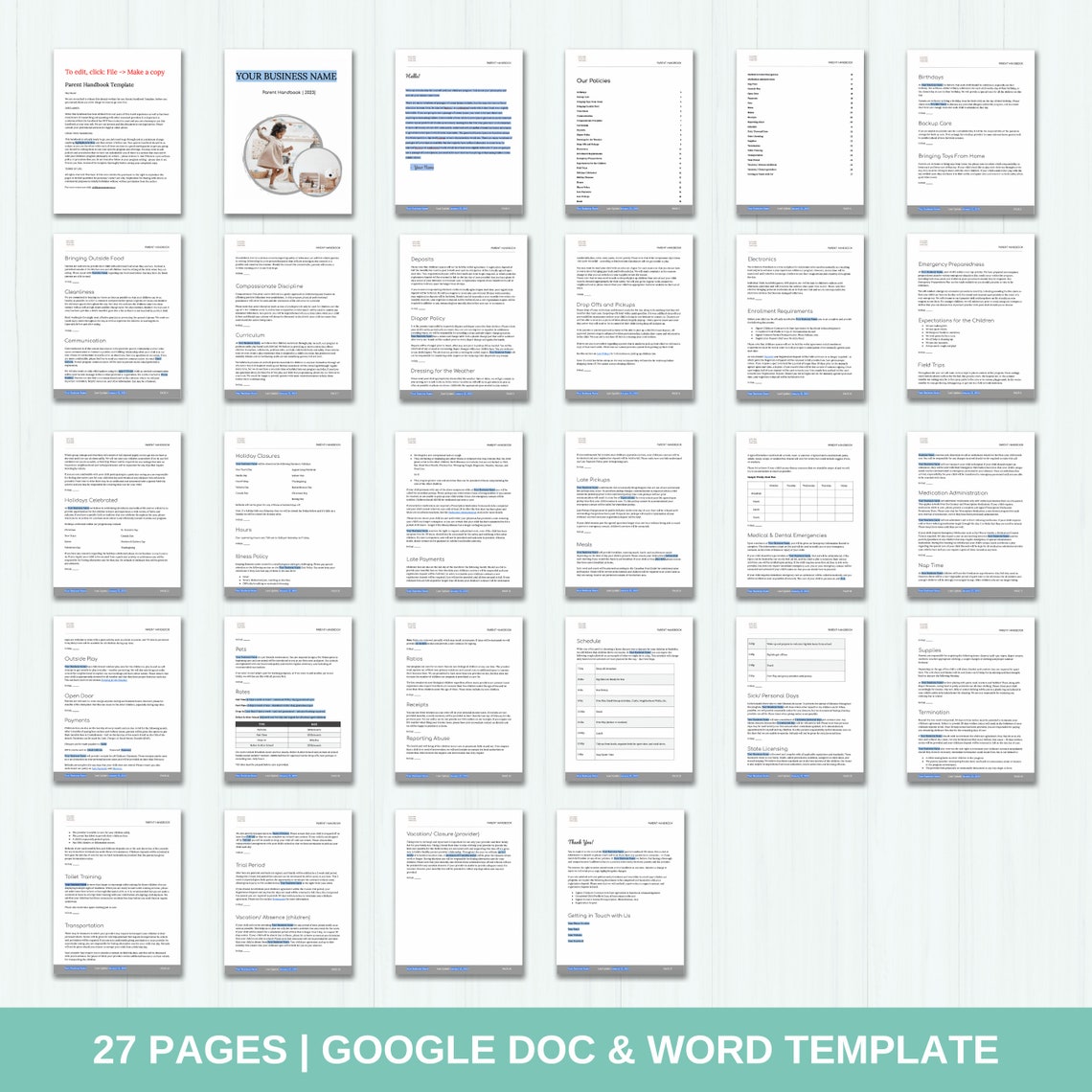 Printable Daycare Policy Template | Editable Parent Handbook Childcare ...