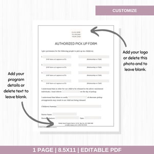 Daycare Authorized Pick up Form, Child Pick-up Authorization, Editable ...