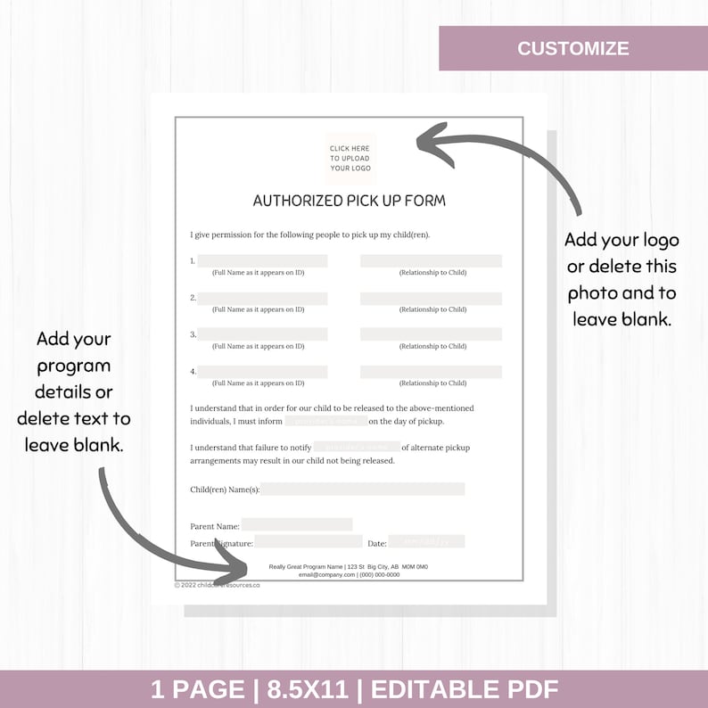 Daycare Authorized Pick up Form, Child Pick-up Authorization, Editable Printable PDF, Home ...