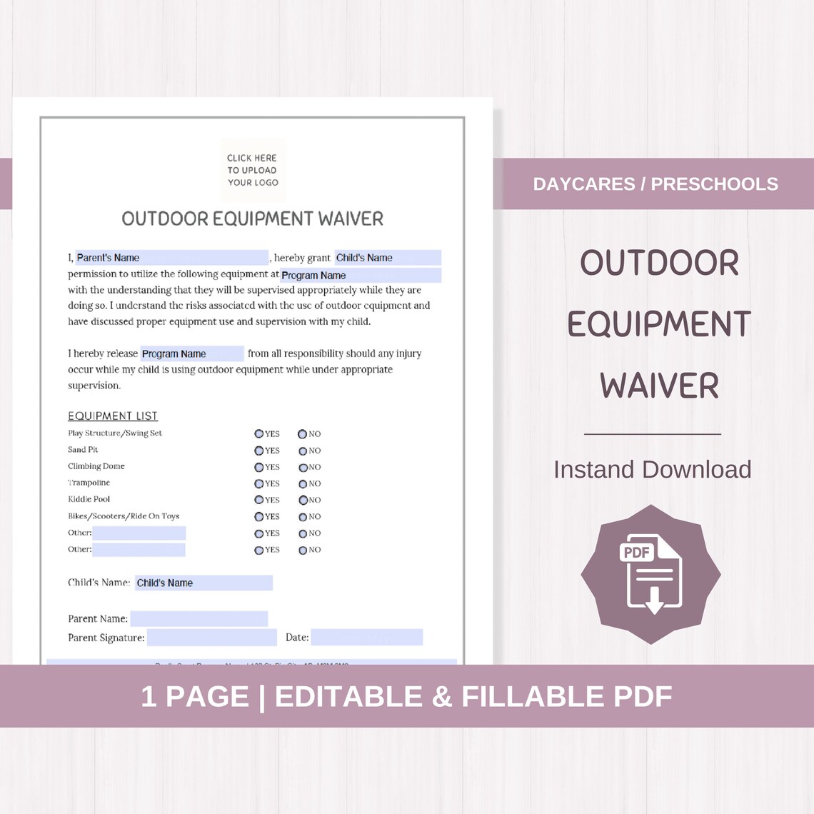 Daycare Outdoor Equipment Waiver, Family Home Daycare Preschool Child ...