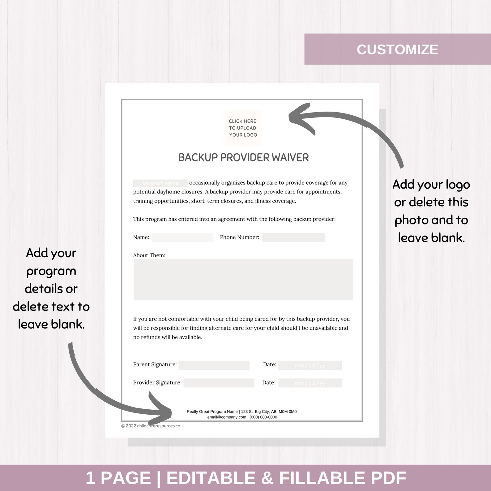 Home Daycare Backup Provider Waiver Form, Substitute Provider, Daycare ...