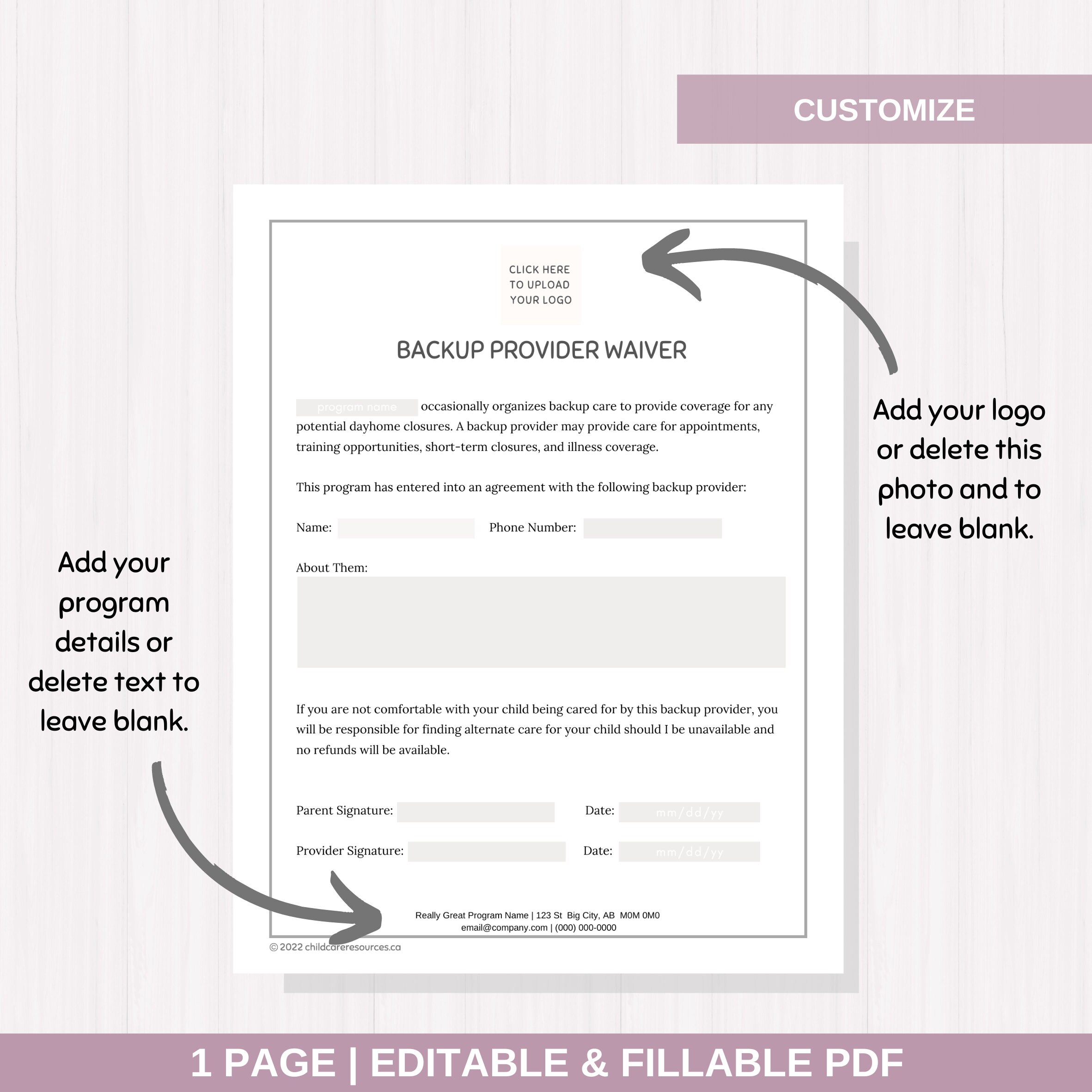 Home Daycare Backup Provider Waiver Form, Substitute Provider, Daycare ...