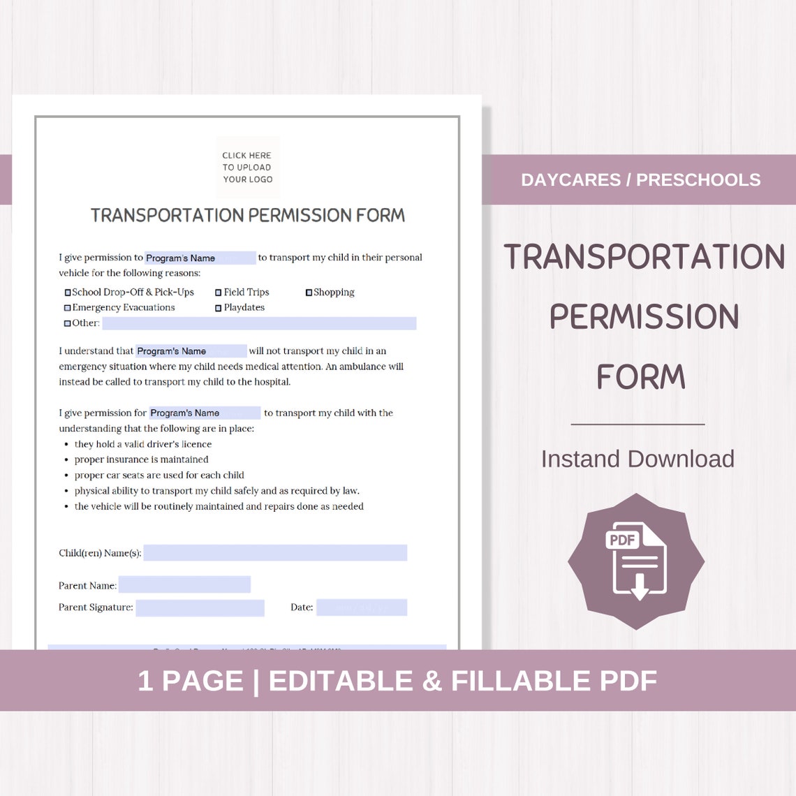 Daycare Transportation Permission Form, Agreement Slip, Family Home ...