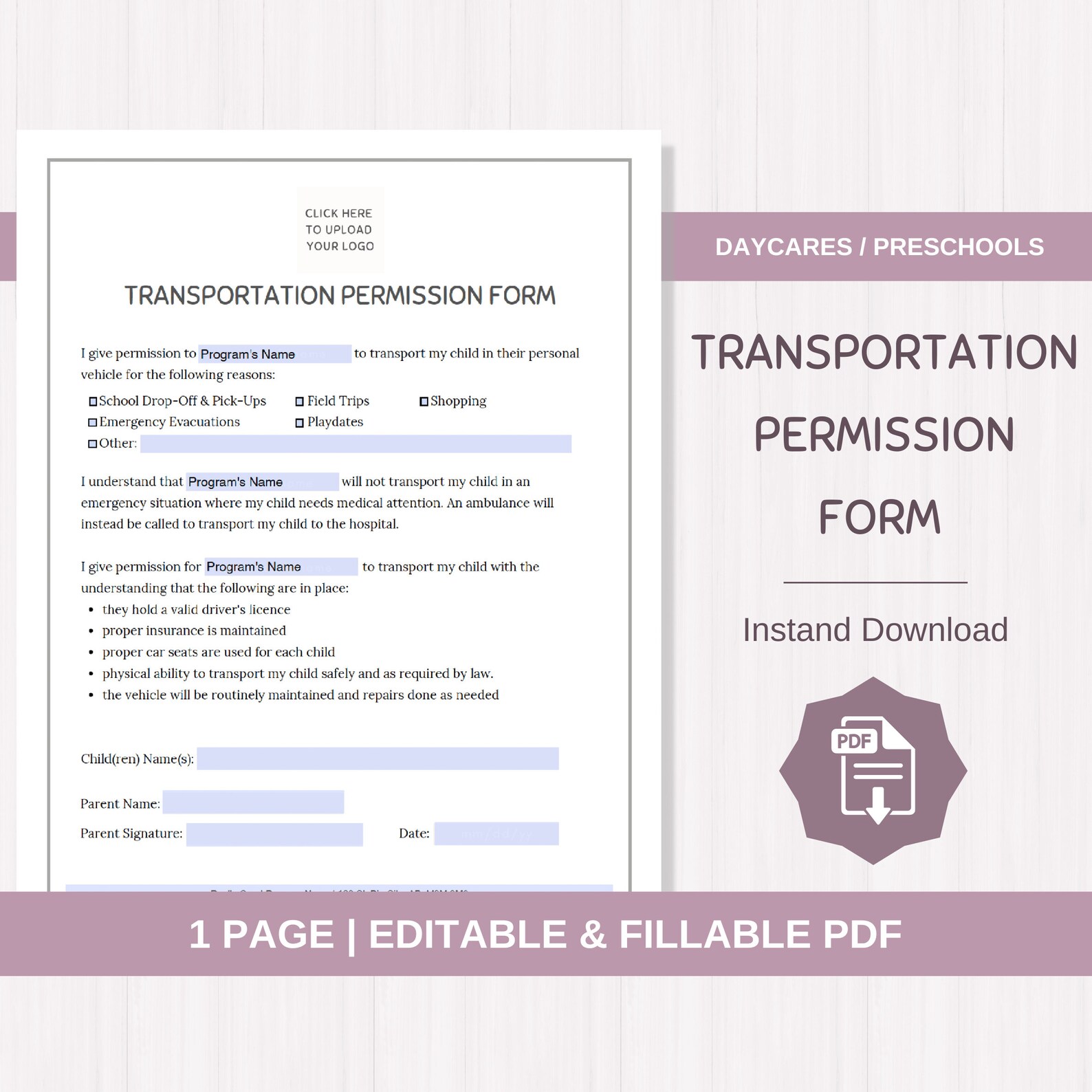 Daycare Transportation Permission Form, Agreement Slip, Family Home ...