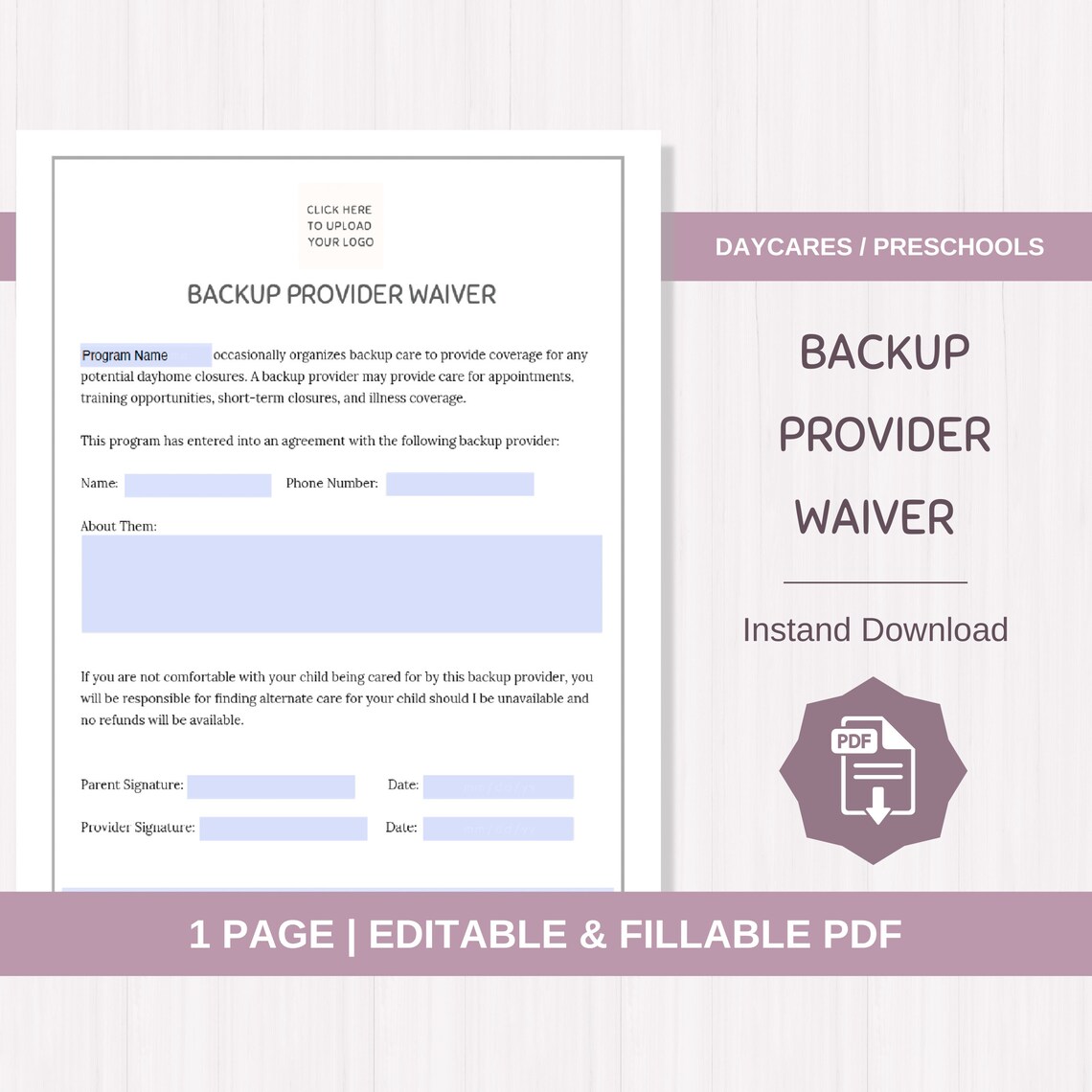 Home Daycare Backup Provider Waiver Form, Substitute Provider, Daycare ...