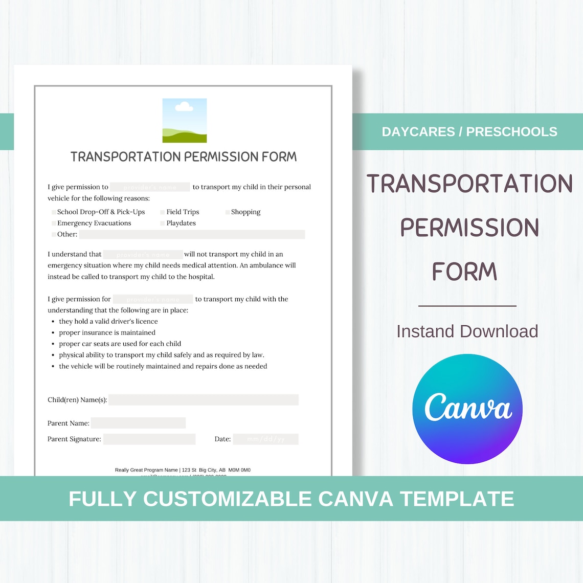 Transportation Permission Agreement Form, Canva Template, Fully ...