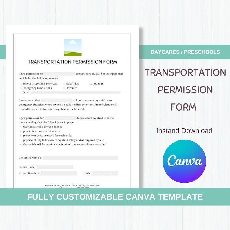 Transportation Permission Agreement Form, Canva Template, Fully ...