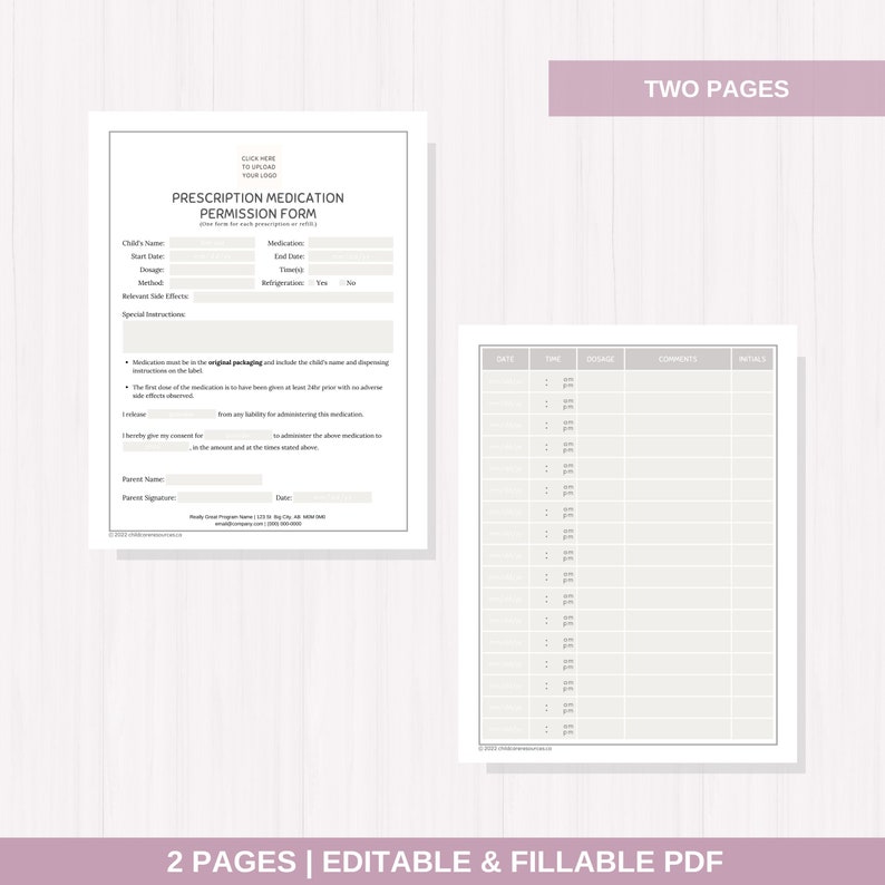Daycare Medication Permission Form | Prescription Medication Log ...