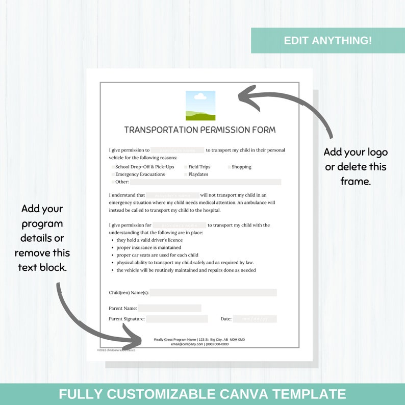 Transportation Permission Agreement Form, Canva Template, Fully ...