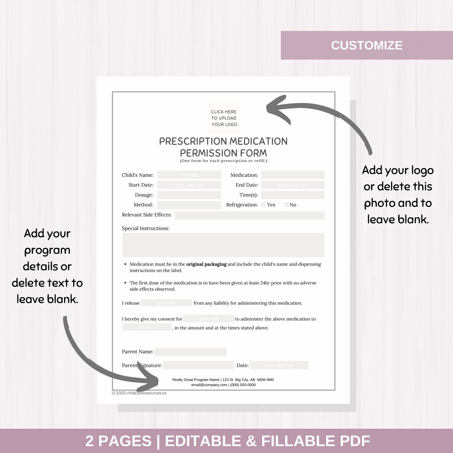 Daycare Medication Permission Form | Prescription Medication Log ...
