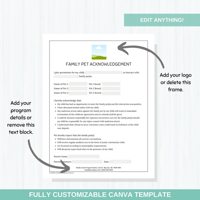 Family Pet Acknowledgement Form | Fully Customizable Canva Template ...