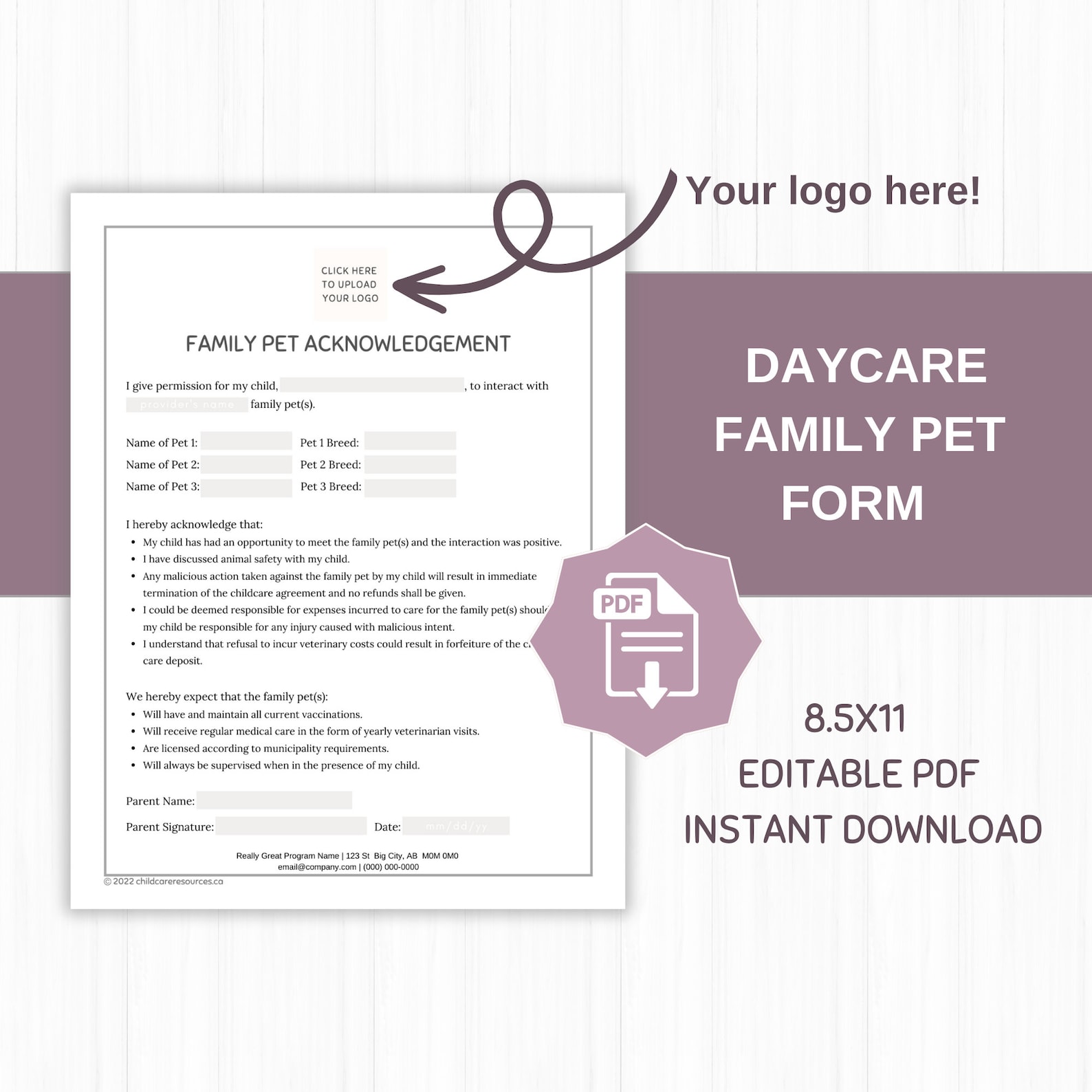 Family Pet Acknowledgement Form, Friendly Pet Waiver, Child Safety ...