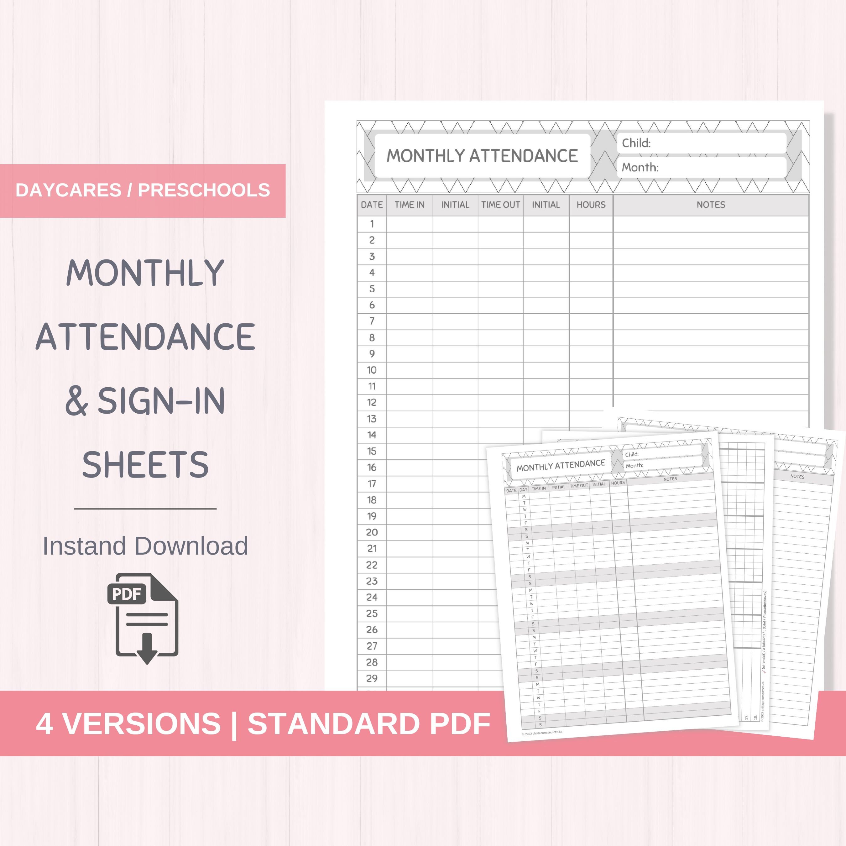 Monthly Attendance Sheets, Parent Sign in Sign Out Form, Daycare ...