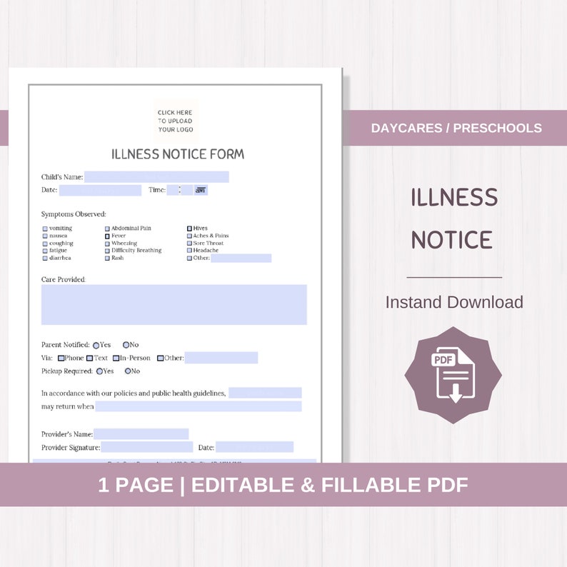 Daycare Illness Notice Report Form, Sick Note, Family Home Daycare ...