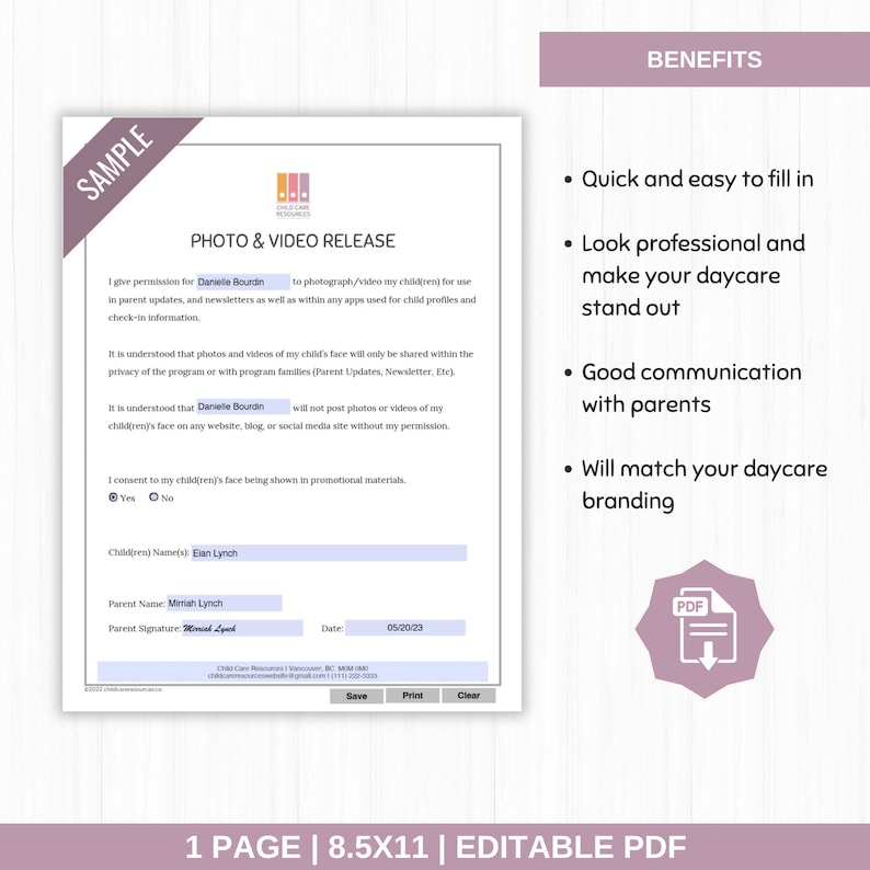 Daycare Child Photo Release Form, Video Release Form, Home Daycare ...