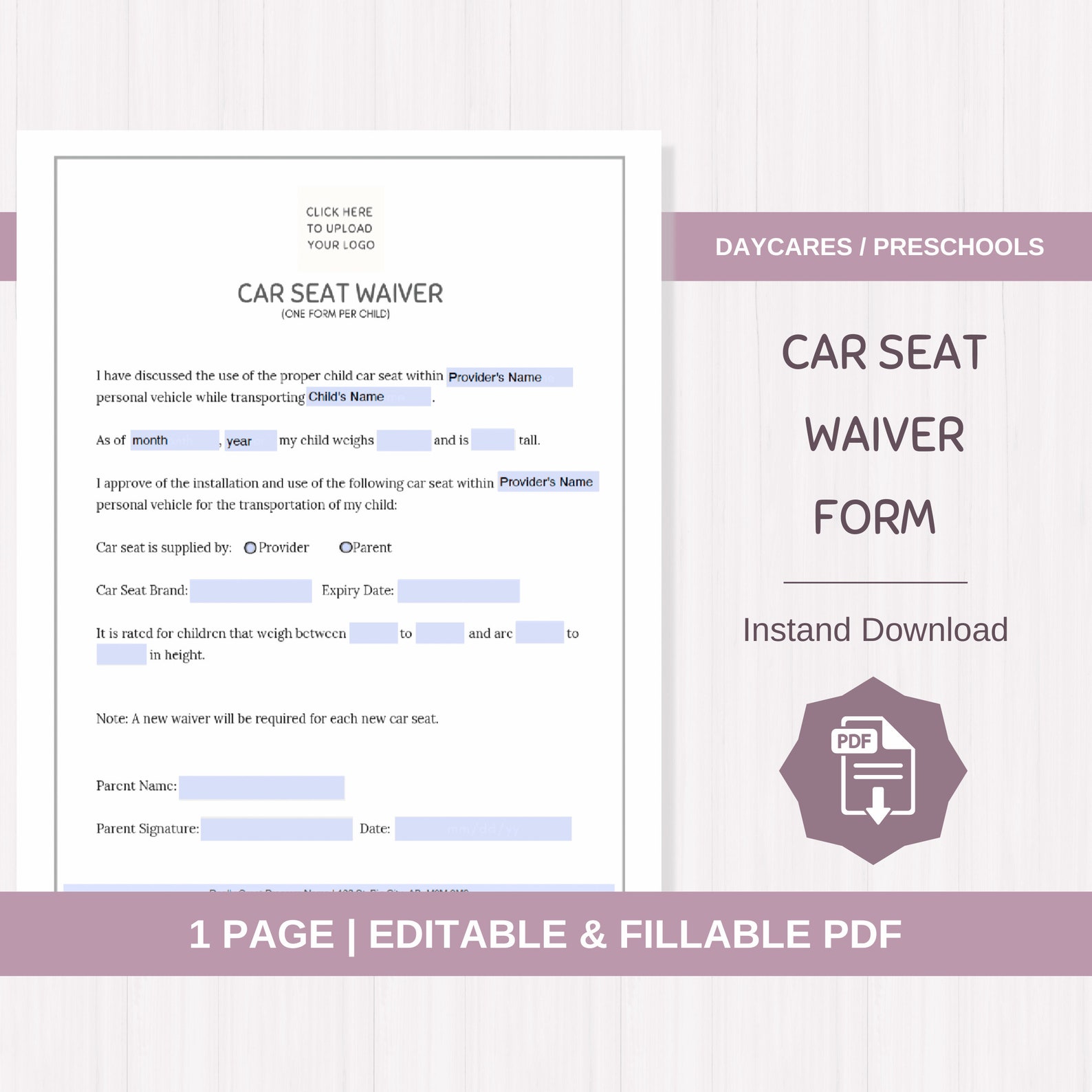 Daycare Car Seat Waiver, Permission Form, Transportation Safety, Home ...