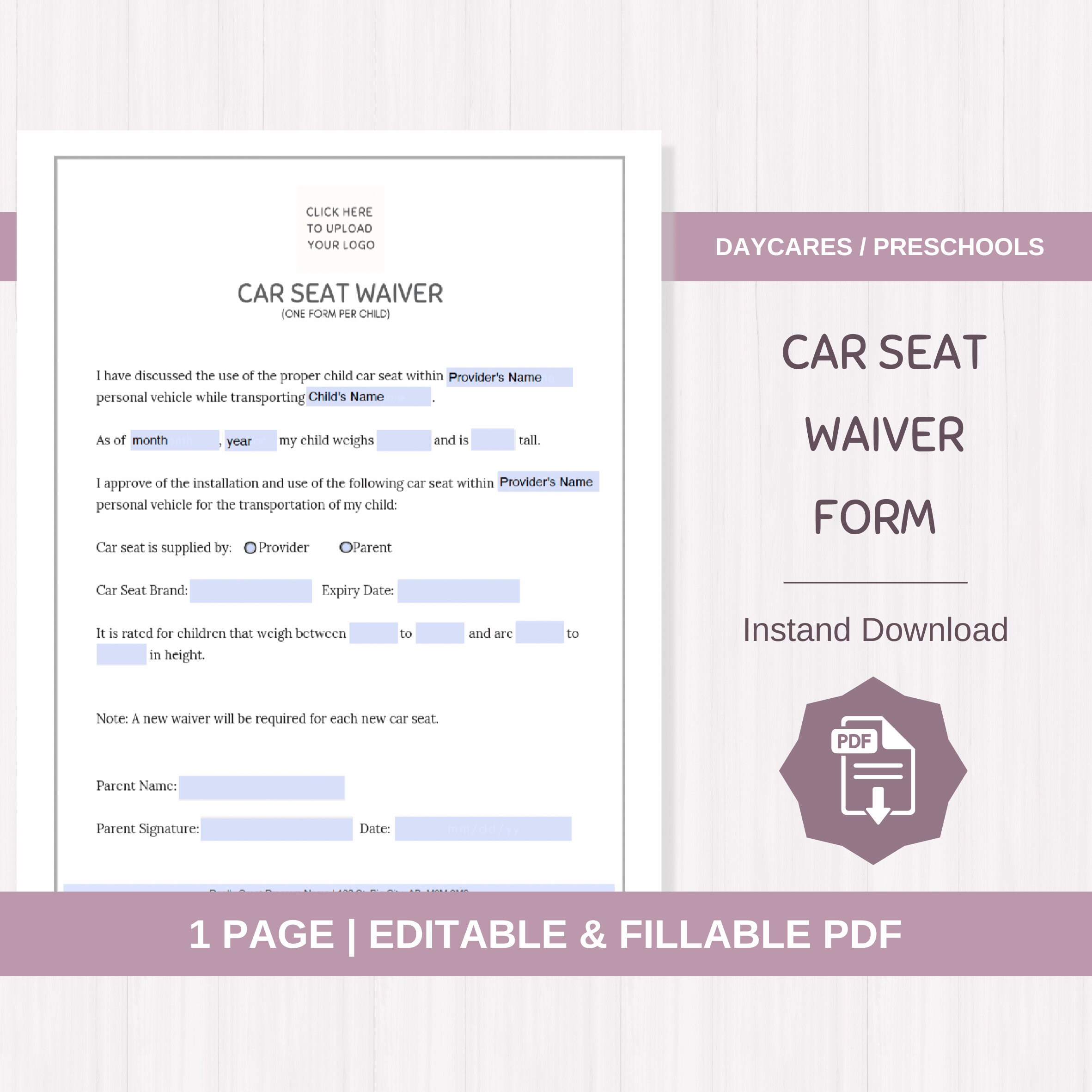 Daycare Car Seat Waiver, Permission Form, Transportation Safety, Home ...
