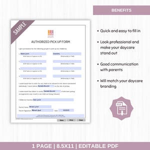 Daycare Authorized Pick up Form, Child Pick-up Authorization, Editable ...