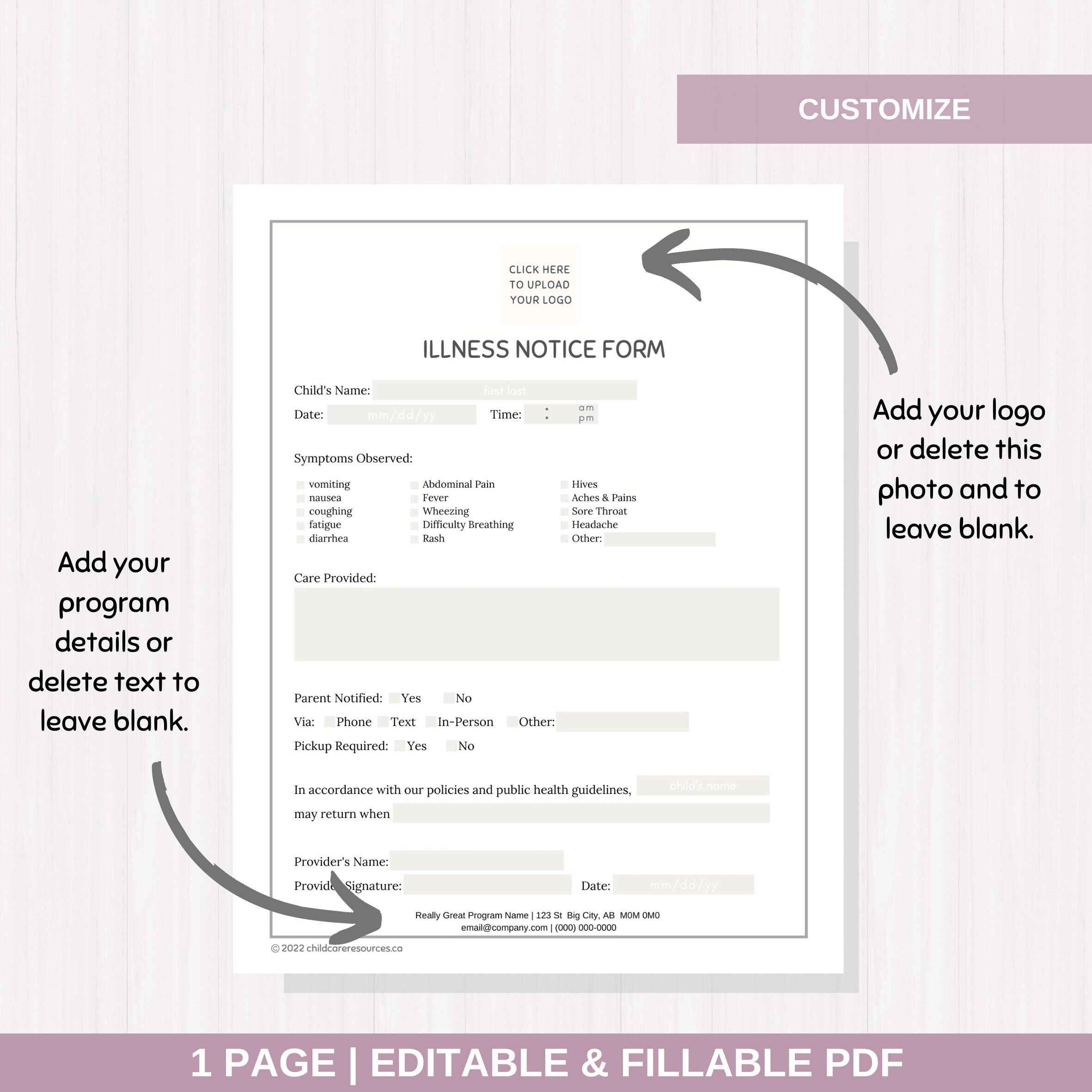 Daycare Illness Notice Report Form, Sick Note, Family Home Daycare ...