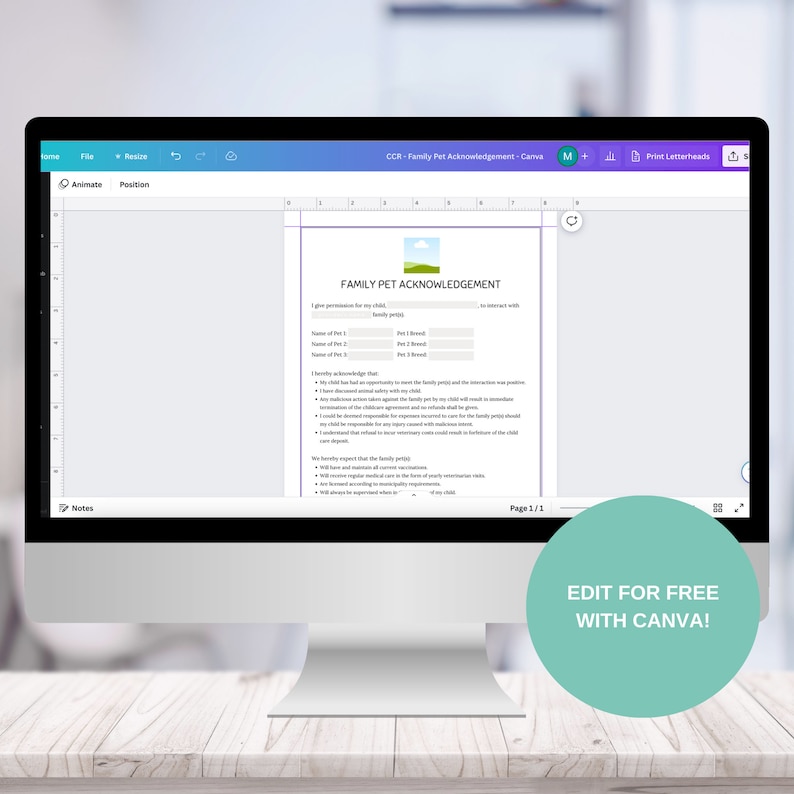 Family Pet Acknowledgement Form | Fully Customizable Canva Template ...