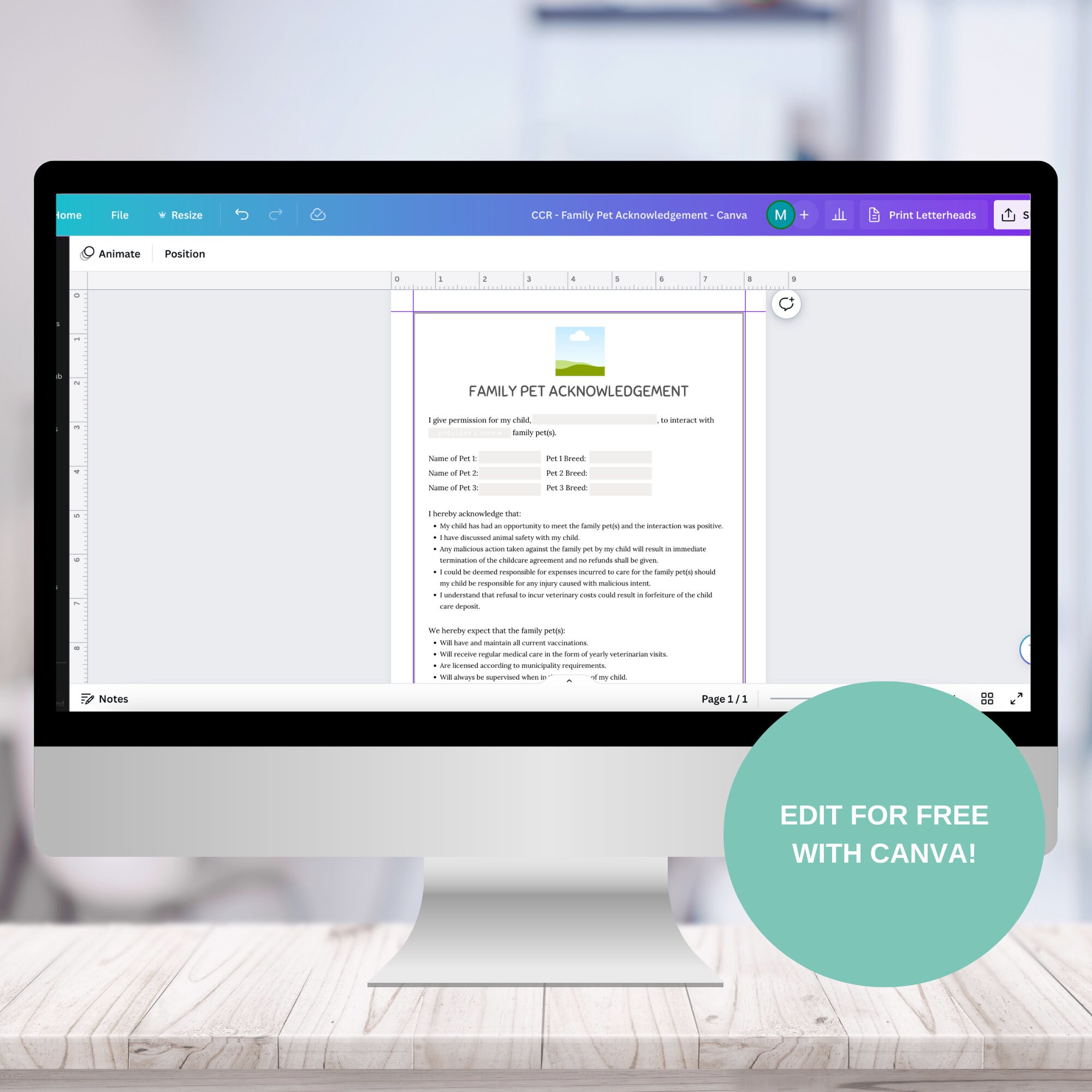Family Pet Acknowledgement Form | Fully Customizable Canva Template ...