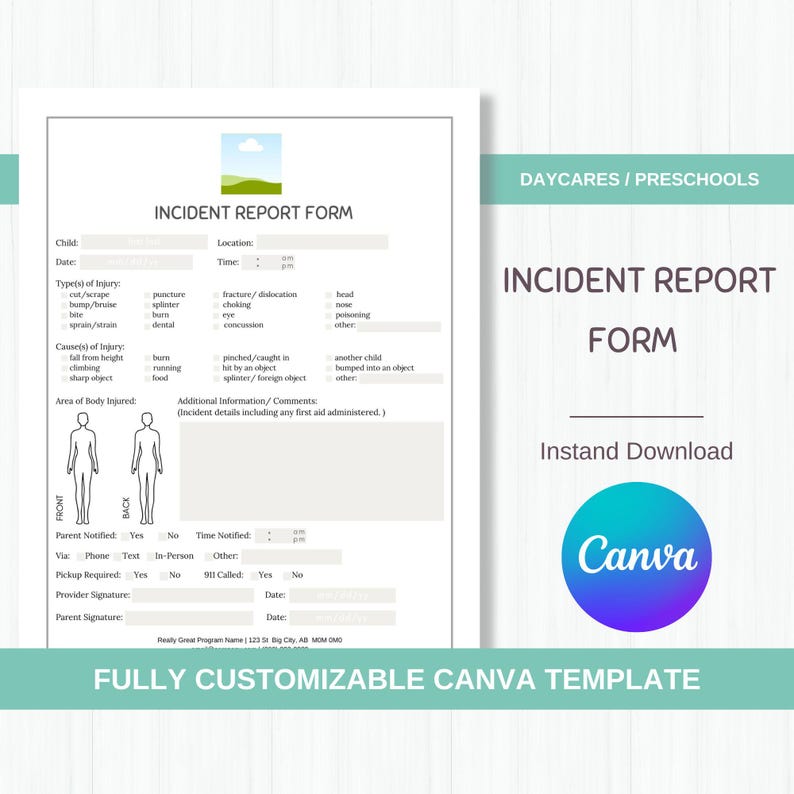 Daycare Incident Accident Report Form, Canva Template, Fully ...