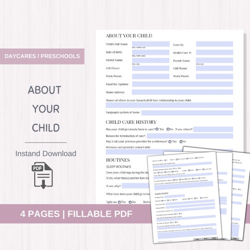 Daycare All About Me Form Daycare Questionnaire Get to - Etsy Canada