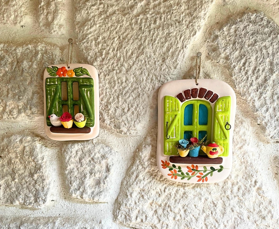 Set of Two Green Ceramic Handmade Decorative Window Wall Art ...