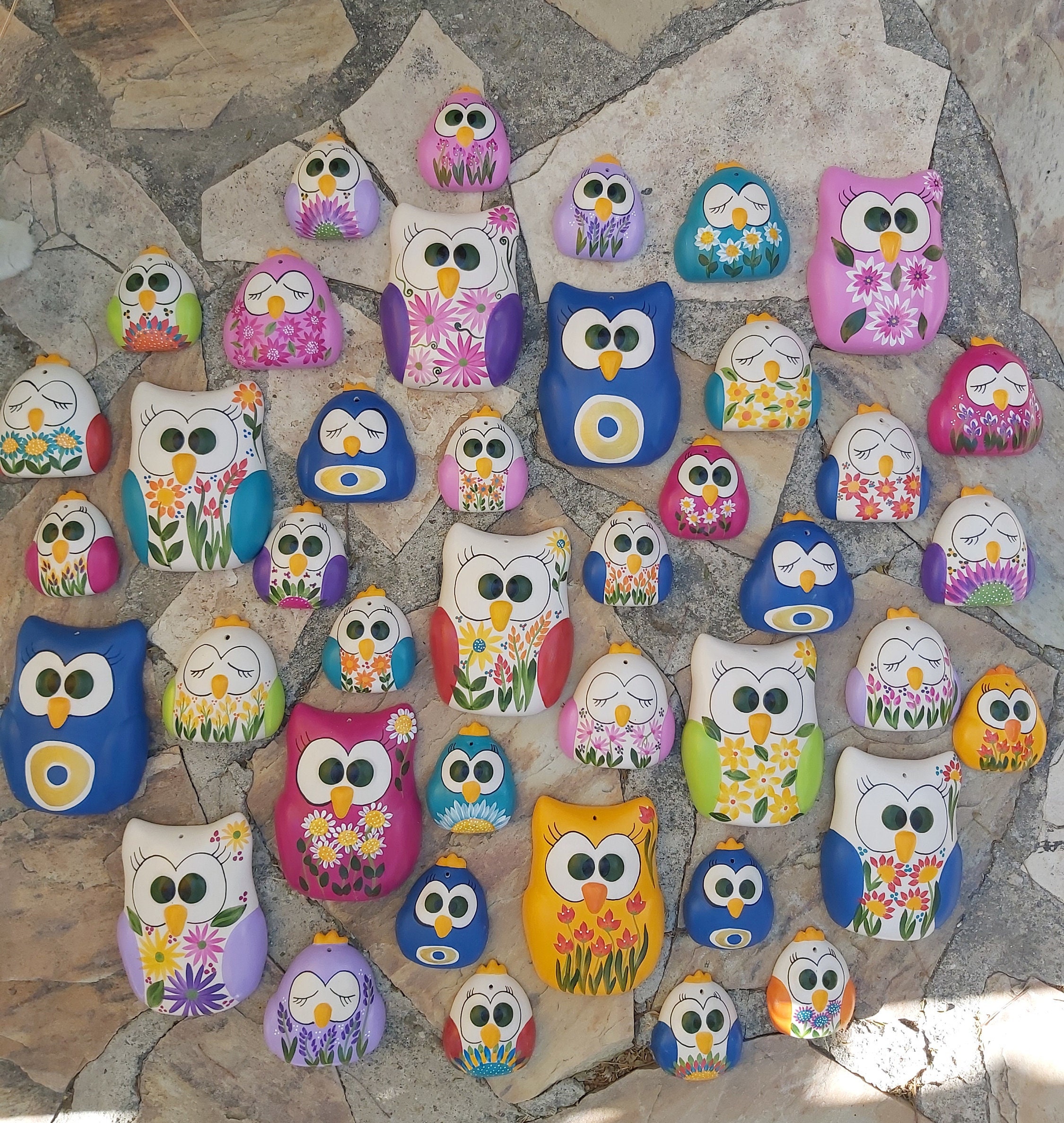 Handmade Blue Floral Design Ceramic Owl Family Set for Summerhouse Wall ...