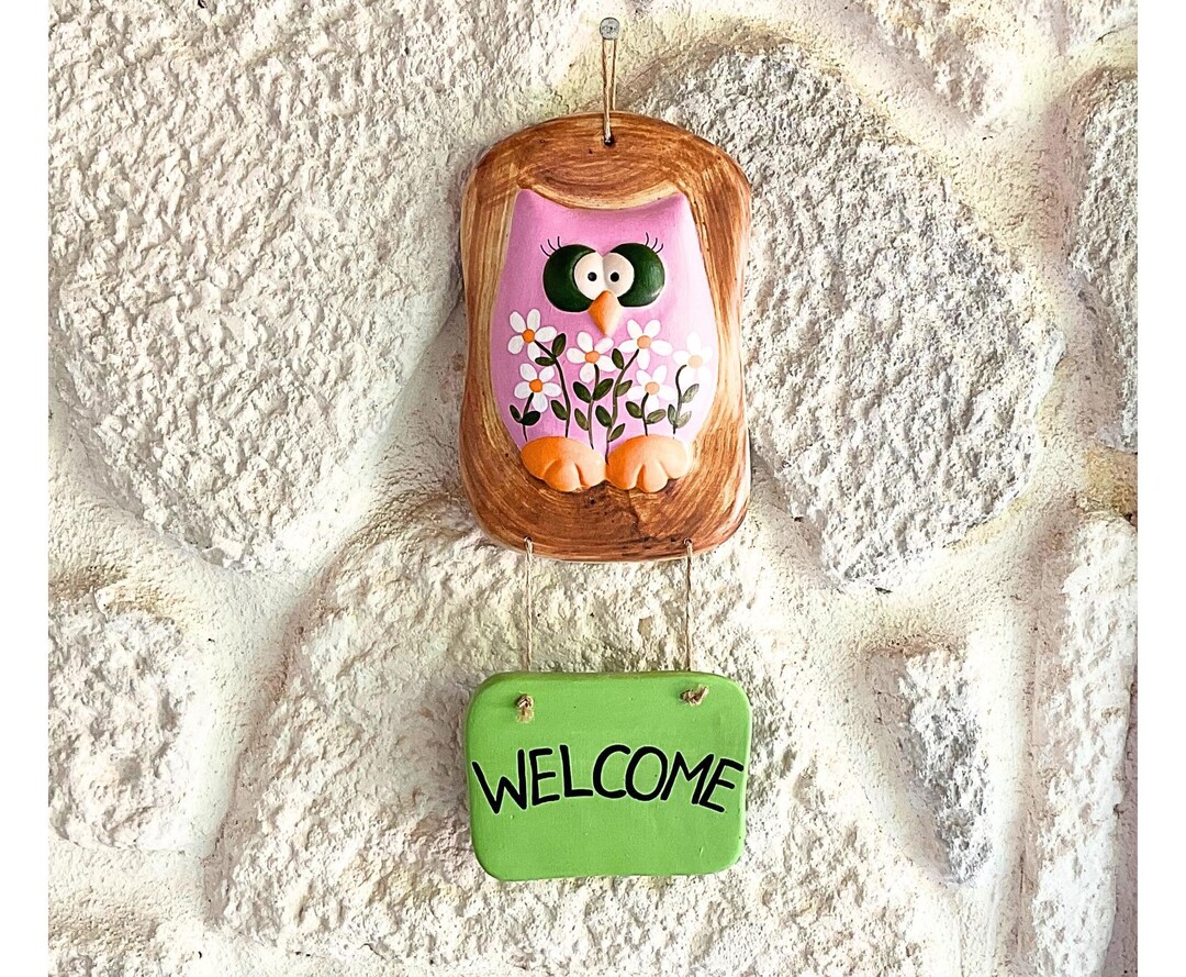 Pink Handmade Ceramic Welcome Sign Plaque for Wall, Ceramic Garden ...