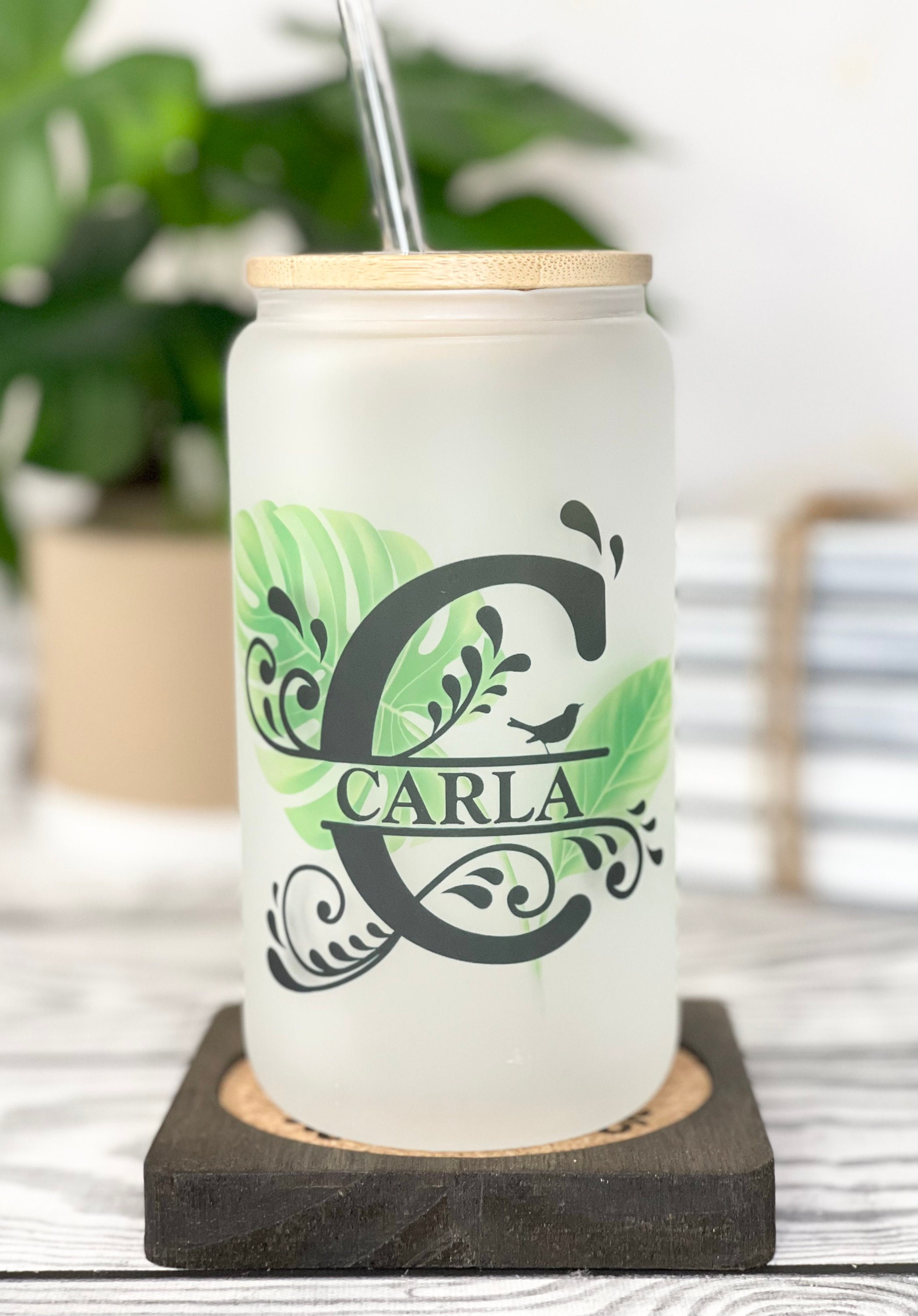 Personalized Iced Coffee Frosted Glass Cup 16 Oz With Bamboo Etsy