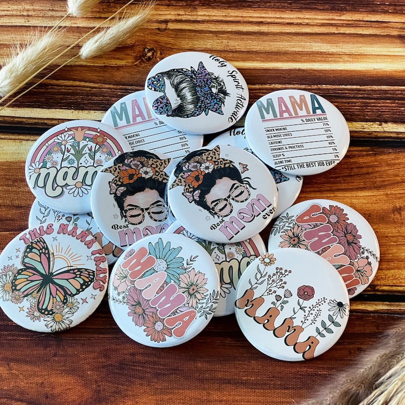 Mama Pin Button Badge, Wild Flowers Mama Round Button, Pinback Buttons ...