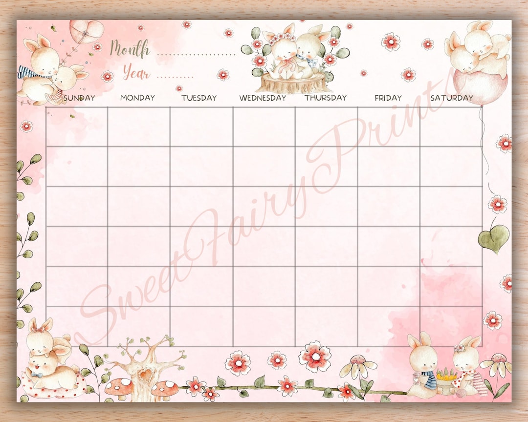 Pirntable Calendar | Cute Rabbit Theme | Undated Monthly Planner | US ...