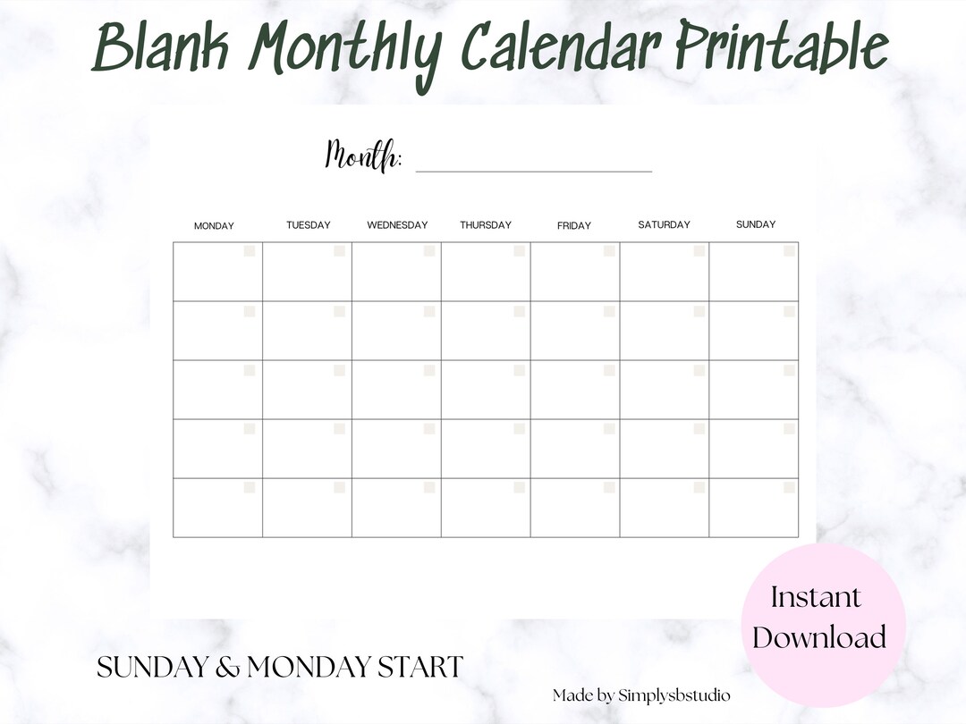 Blank Calendar Page | Monthly Calendar Printable | Minimalist Calendar ...