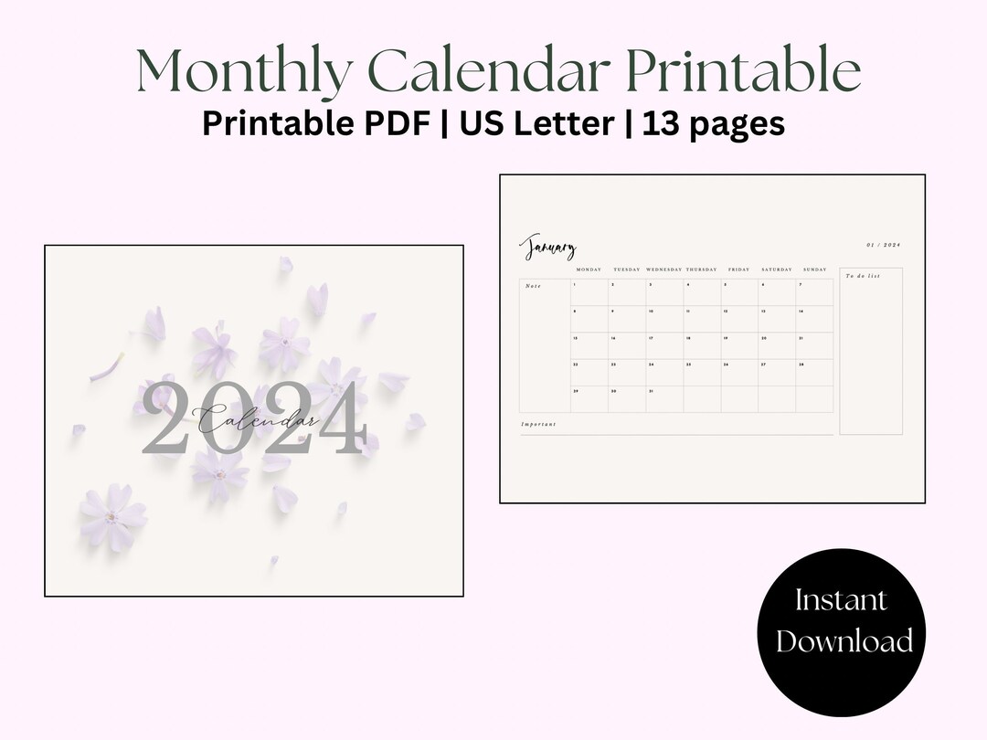 Monthly Calendar Printable 2024 |simple Calendar | Printable Calendar ...