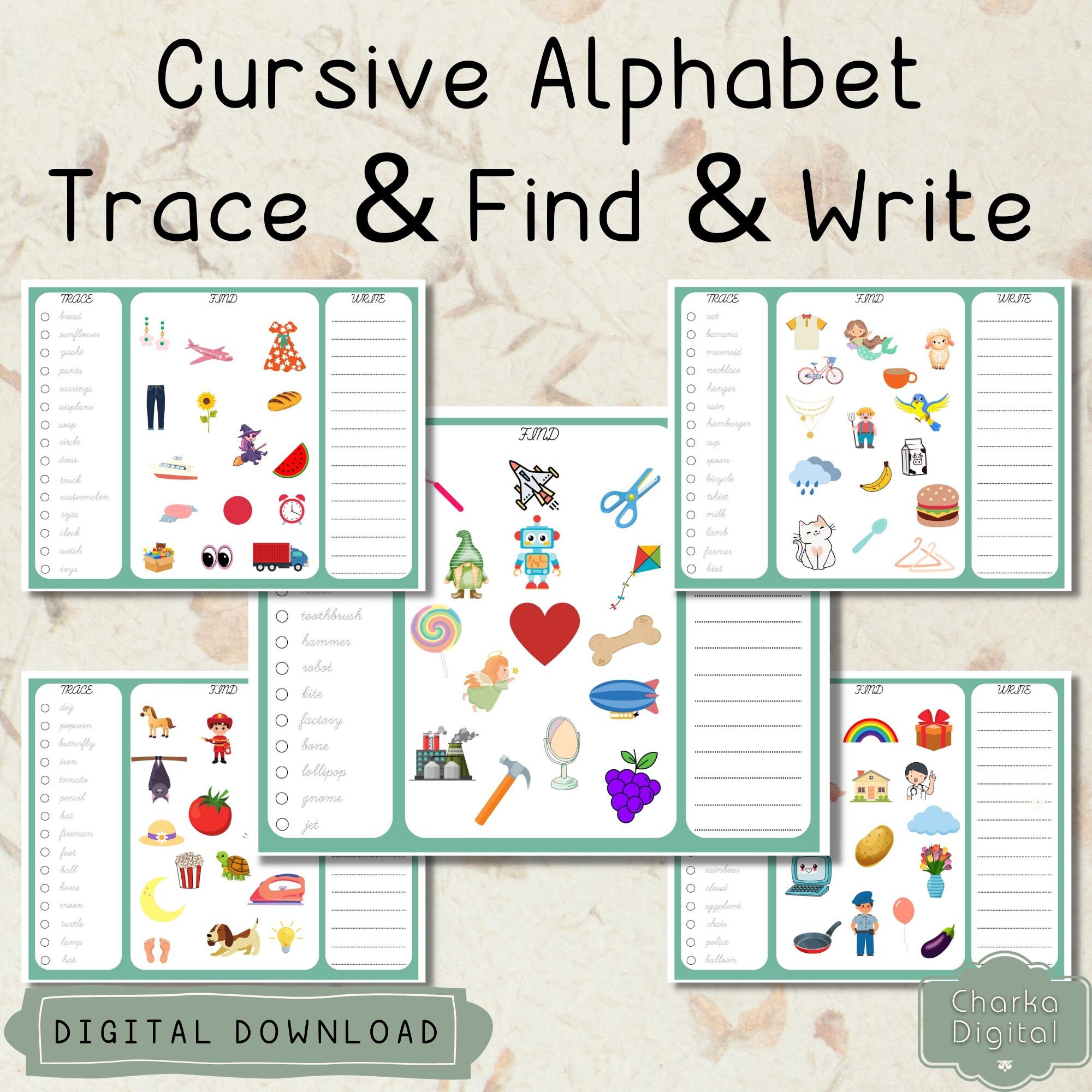 Printable Cursive Alphabet Handwriting Practice, Trace and Find and ...