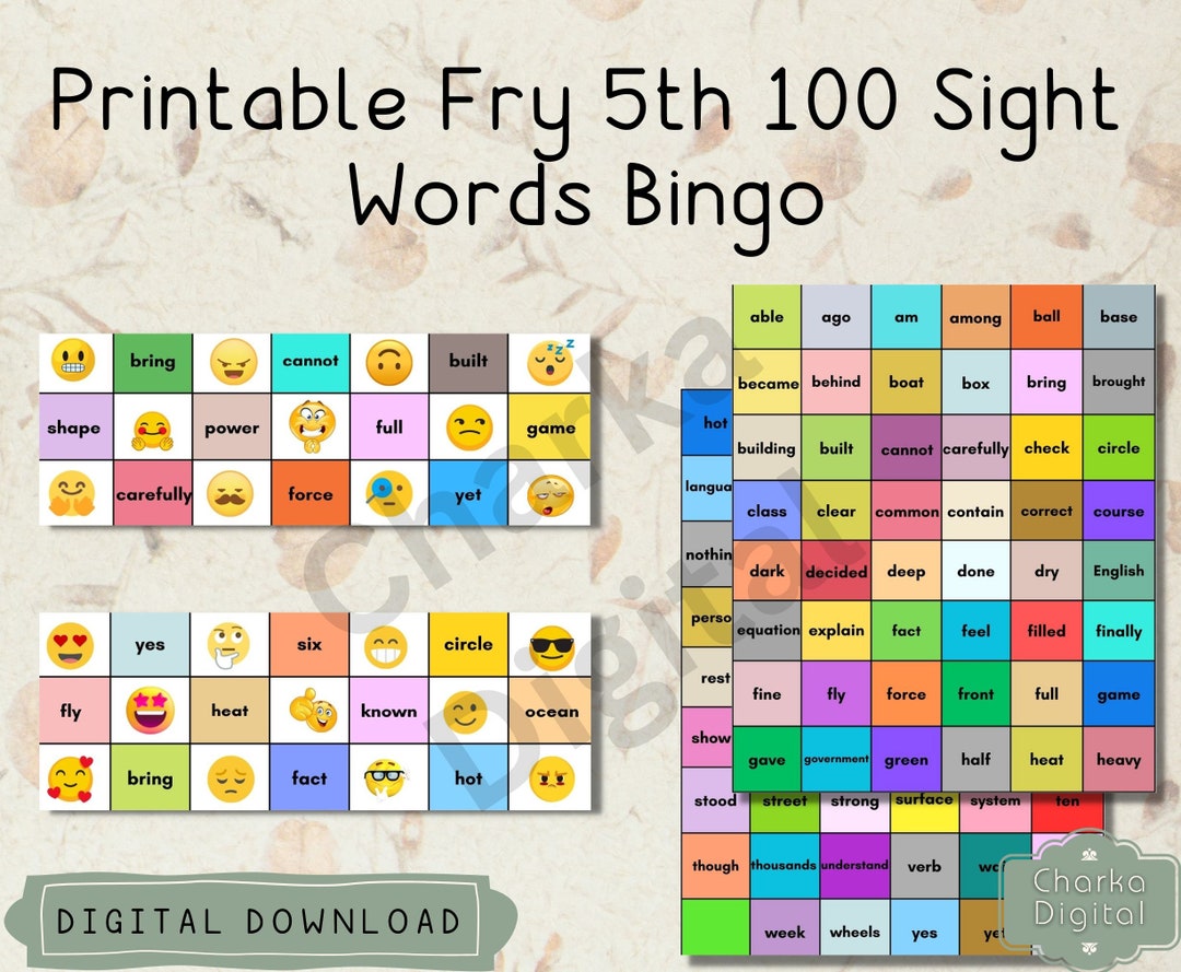 Printable Fry 5th 100 Sight Words Bingo Game, 4th-5th Grade Sight Words ...